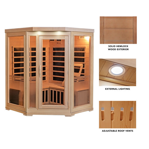 Heatwave Sonoma 3-Person Hemlock Infrared Corner Sauna with 7 Carbon Heaters | Wayfair